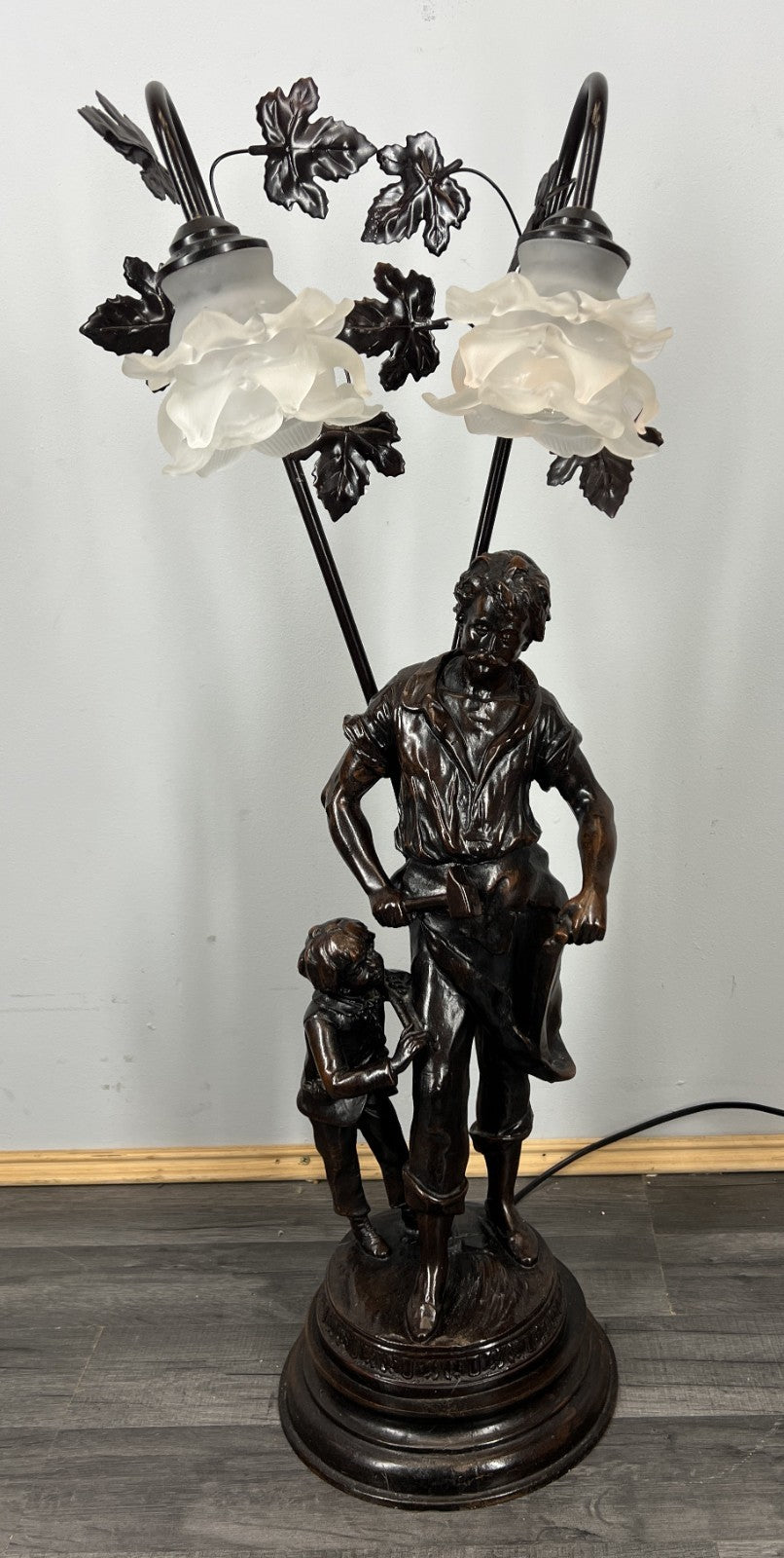 Lamp Vintage French Figural Double Light with Frosted Glass Shades LOT